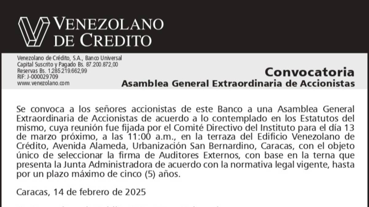 VENEZOLANO DE CREDITO CONVOCATORIA I 15 FEB 2025