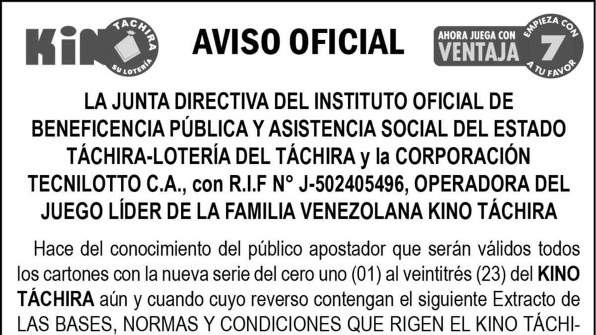 AVISO OFICIAL KINO TACHIRA 18 FEB 2025
