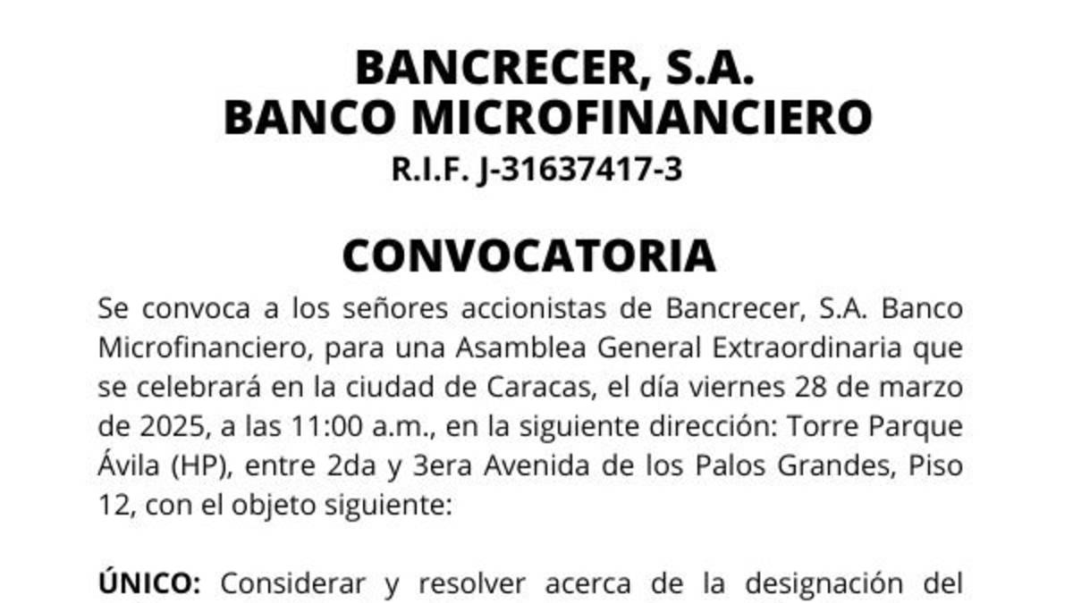 CONVOCATORIA | BANCRECER C.A 28 FEB 2025