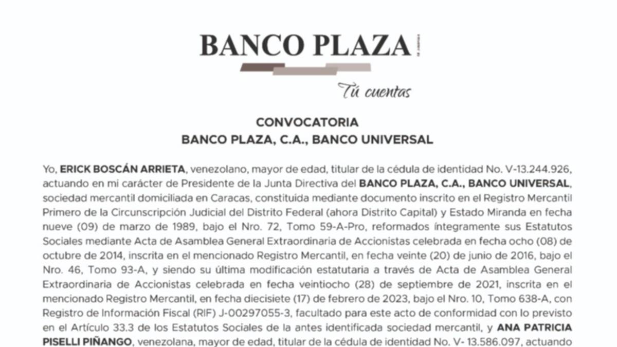 CONVOCATORIA BANCO PLAZA, C.A. 11 ABR 2025
