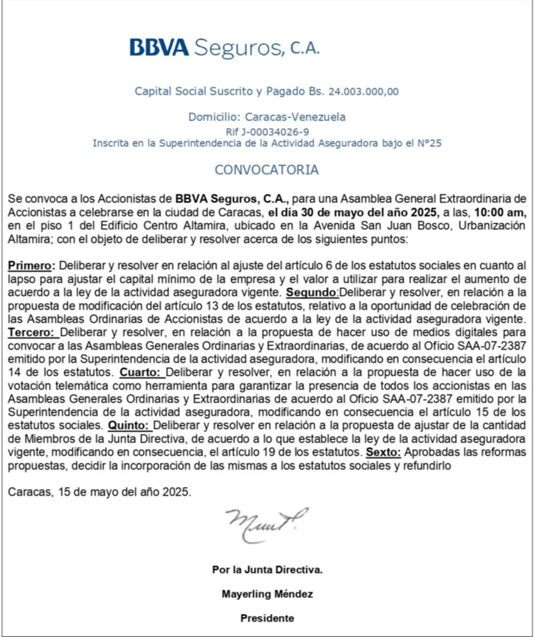 BBVA SEGUROS, C.A. CONVOCATORIA 15 MAY 2025