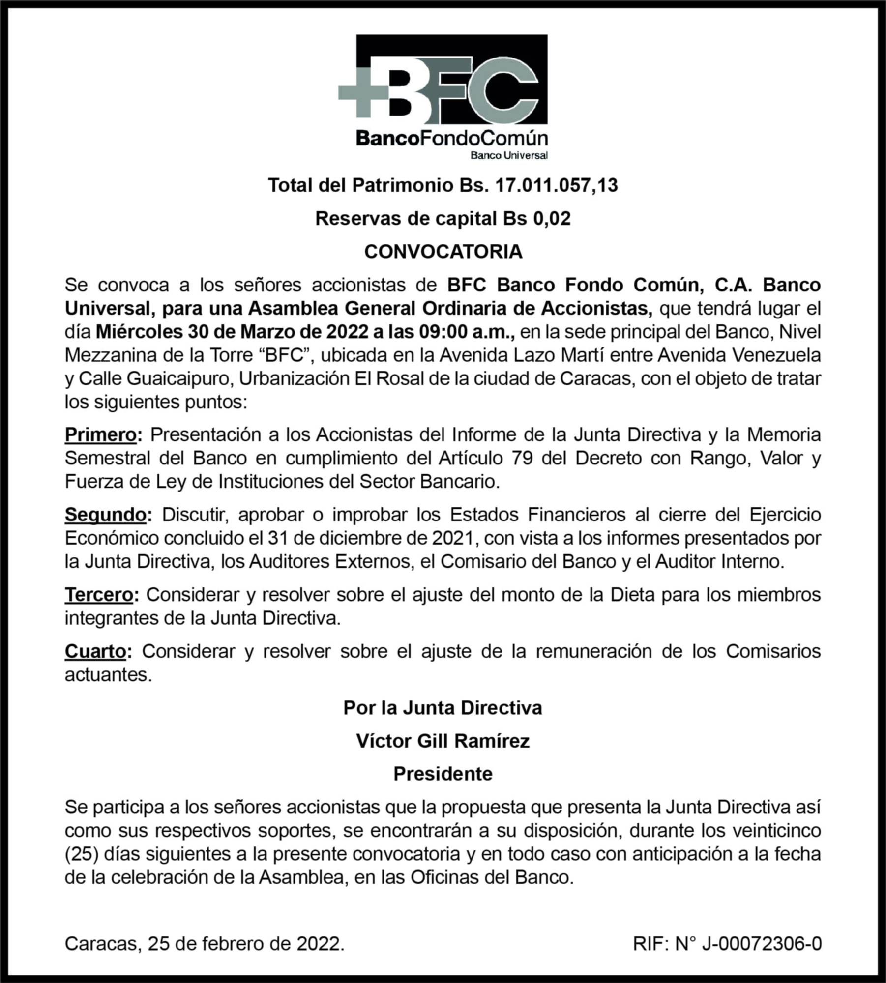 CONVOCATORIA ORDINARIA | BFC 25 FEB 2022