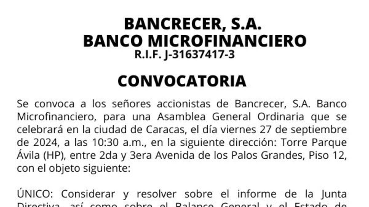 CONVOCATORIA | BANCRECER C.A 30 AGO 2024