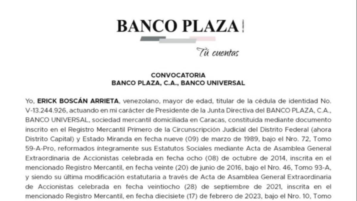 CONVOCATORIA 2 | BANCO PLAZA, C.A. 30 AGOS 2024