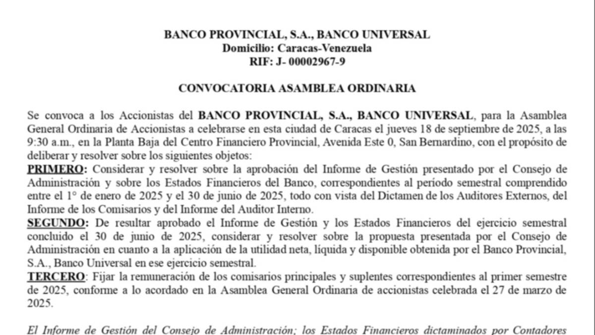 BANCO PROVINCIAL, S.A., BANCO UNIVERSAL CONVOCATORIA ASAMBLEA ORDINARIA 15 AGO 25