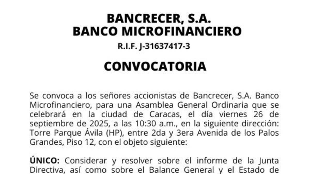 CONVOCATORIA BANCRECER, S.A. BANCO MICROFINANCIERO 29 AGO 2025