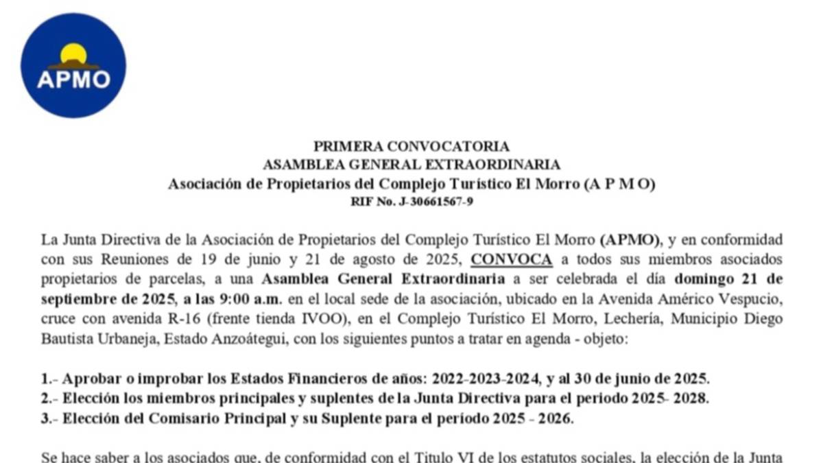 CONVOCATORIA COMPEJO TURÍTICO EL MORRO (APMO) 30 AGO 2025