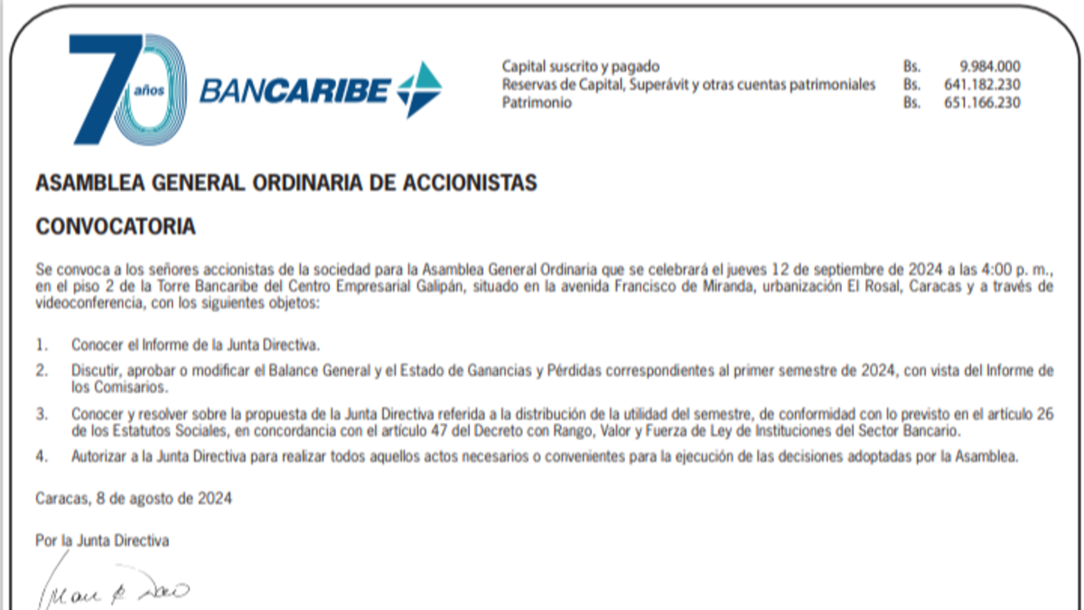 CONVOCATORIA ASAMBLEA | BANCARIBE 13 AGO 2024