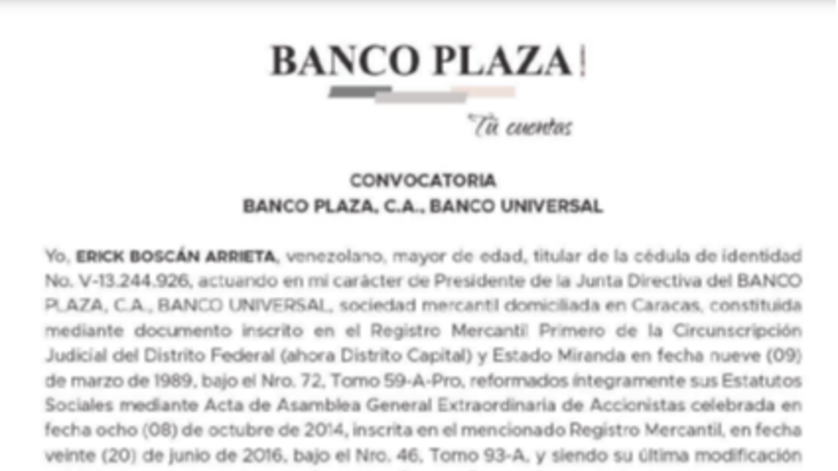 CONVOCATORIA 1 | BANCO PLAZA, C.A. 30 AGOS 2024