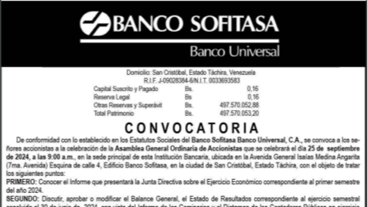 CONVOCATORIA | BANCO SOFITASA, C.A. 30 AGOS 2024