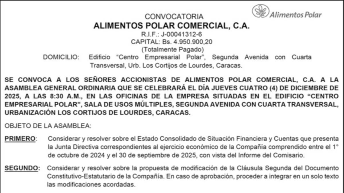 CONVOCATORIA ALIMENTOS POLAR COMERCIAL, C.A. 25 NOV 2025